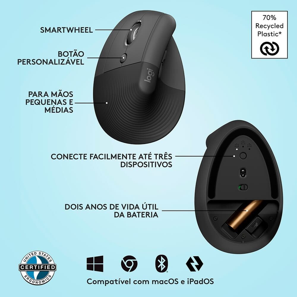 Mouse Sem Fio Logitech Lift para Canhoto | KaBuM!
