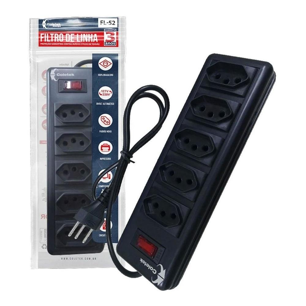 Extenso Elétrica Coletek 5 Tomadas Filtro Linha