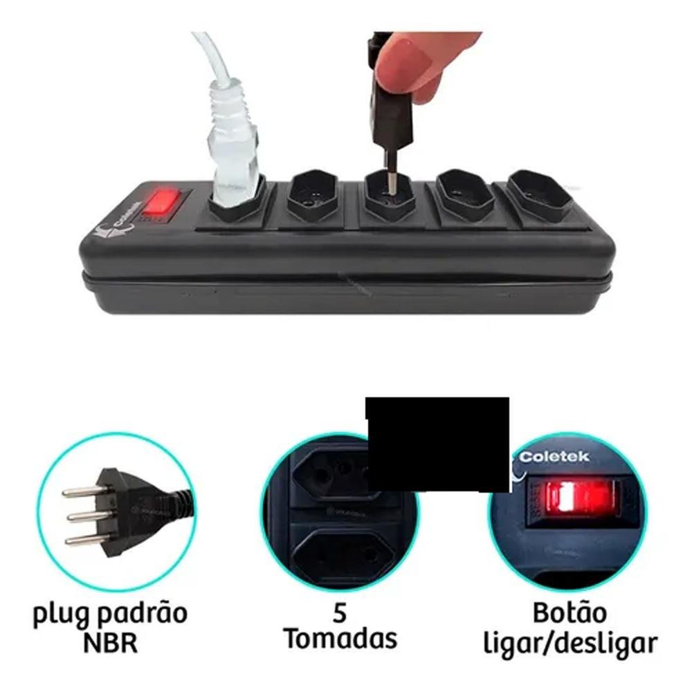 Extenso Elétrica Coletek 5 Tomadas Filtro Linha